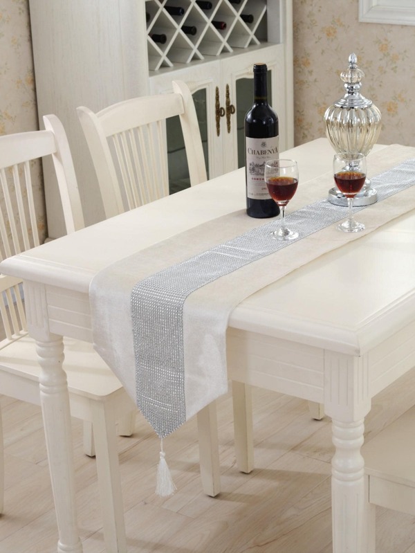 1pc Faux Diamond Decor Table Runner, Modern Polyester Tassel Decor ...