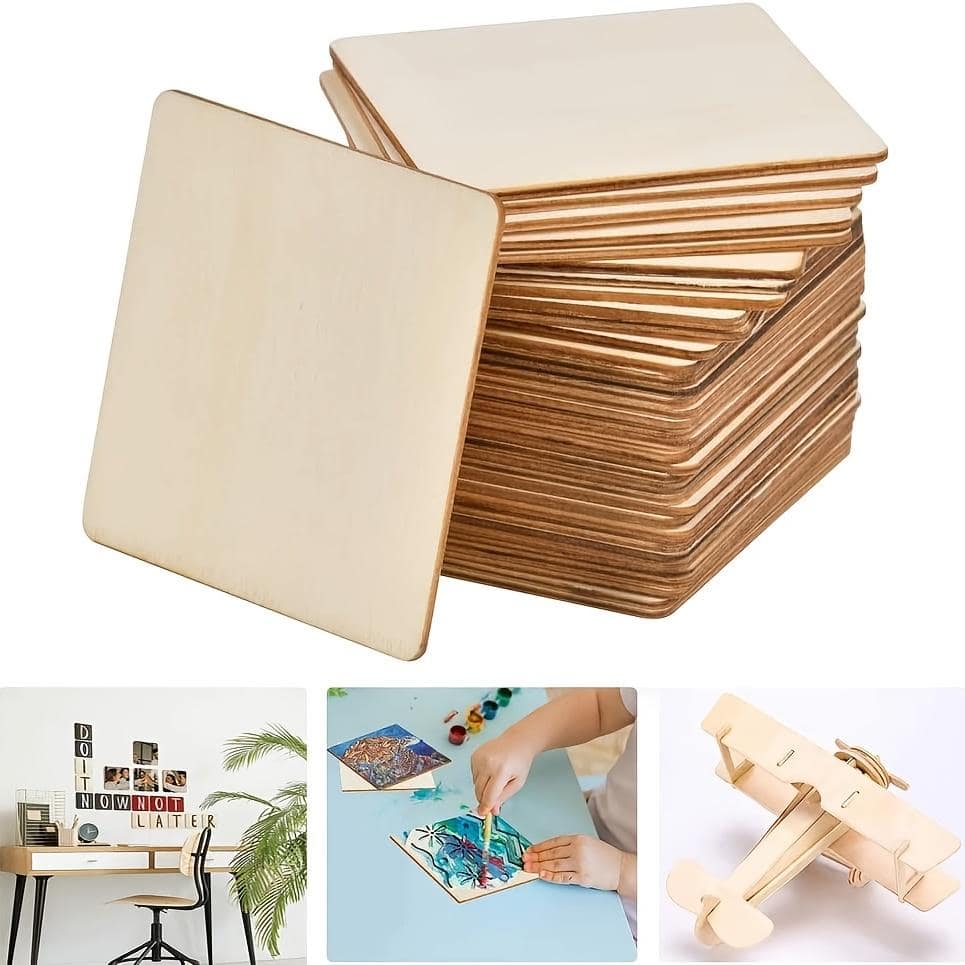 50pcs/set WPC Unfinished Wood Piece, Simple Wooden Square Cutouts Tile ...