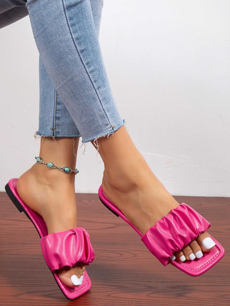 Women Minimalist Ruched Detail Slide Sandals, Fashion Summer Flat ...