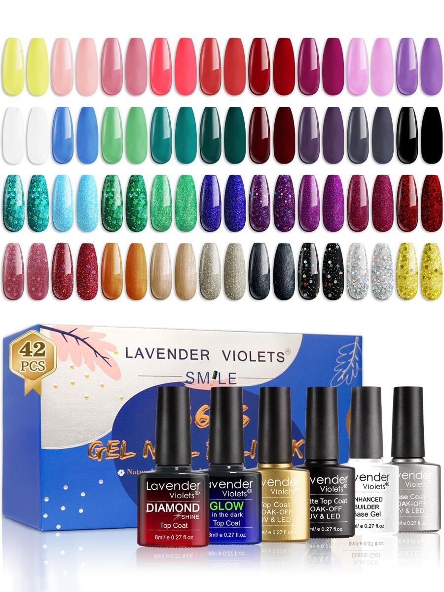 Lavender Violets 42 Pcs Gel Nail Polish Kit Set with 36 Colors Coat, 6 ...
