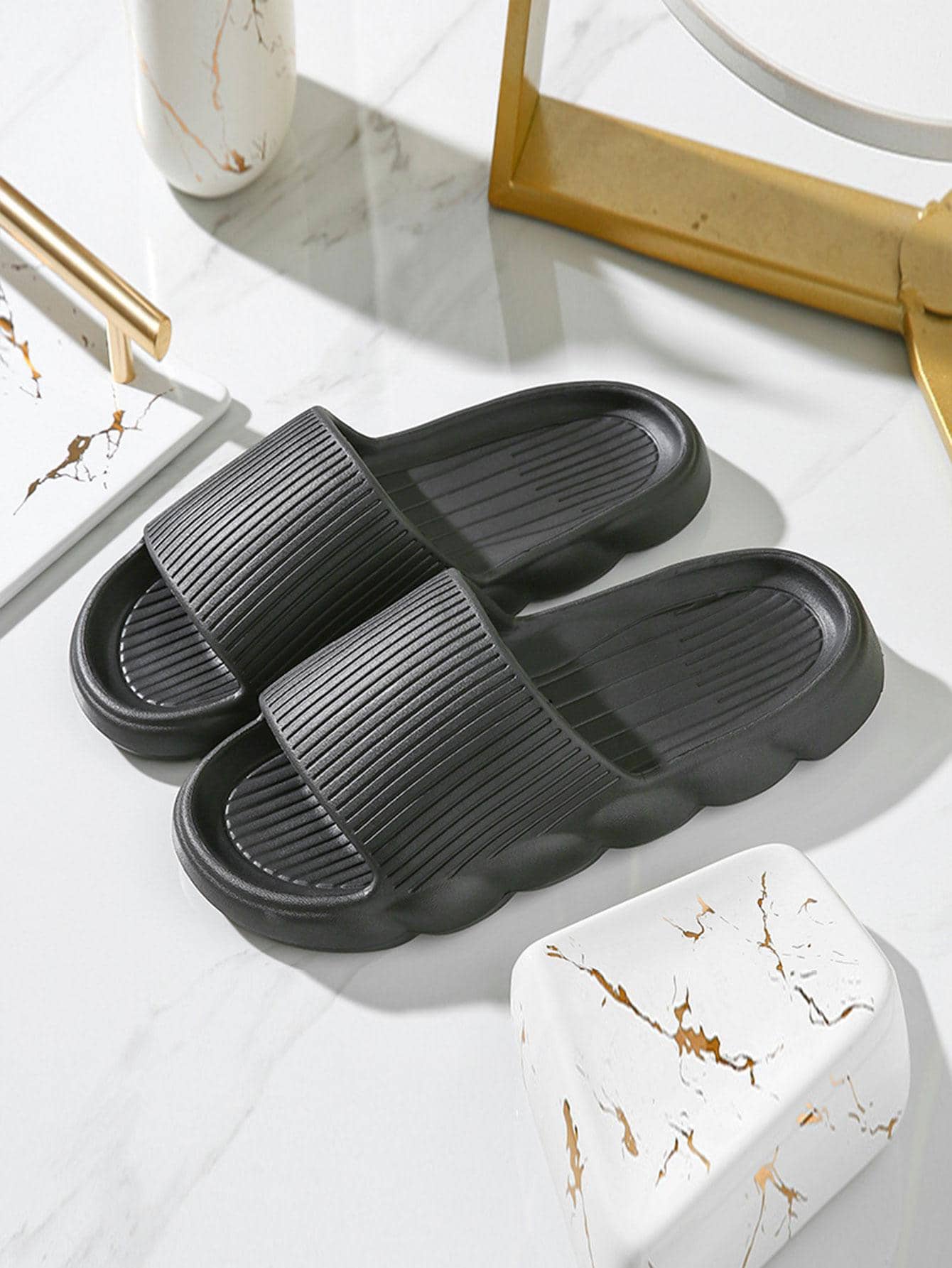 Women Textured Single Band Slides, Cool Black EVA Slides | SHEIN USA