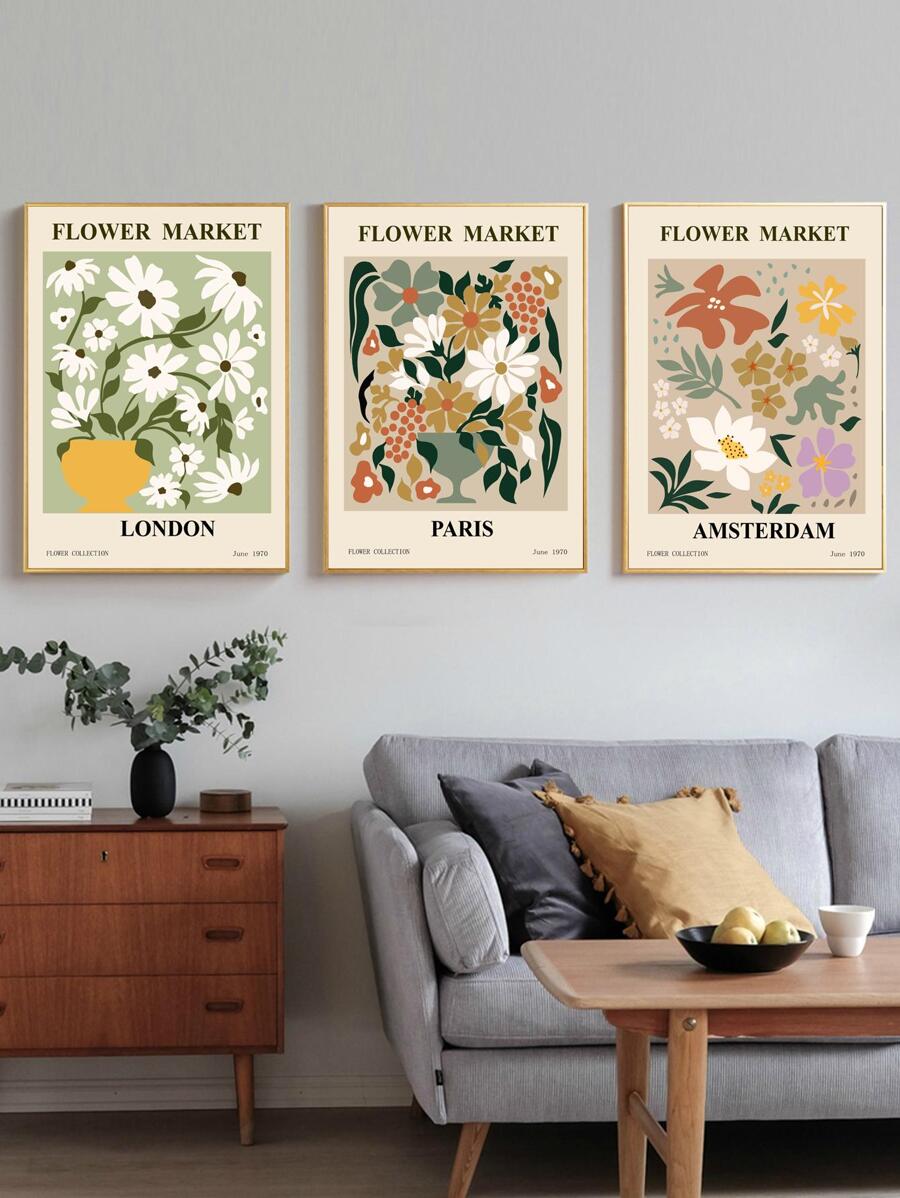 3pcs Floral Print Unframed Painting, Modern Colorful Wall Art Painting ...