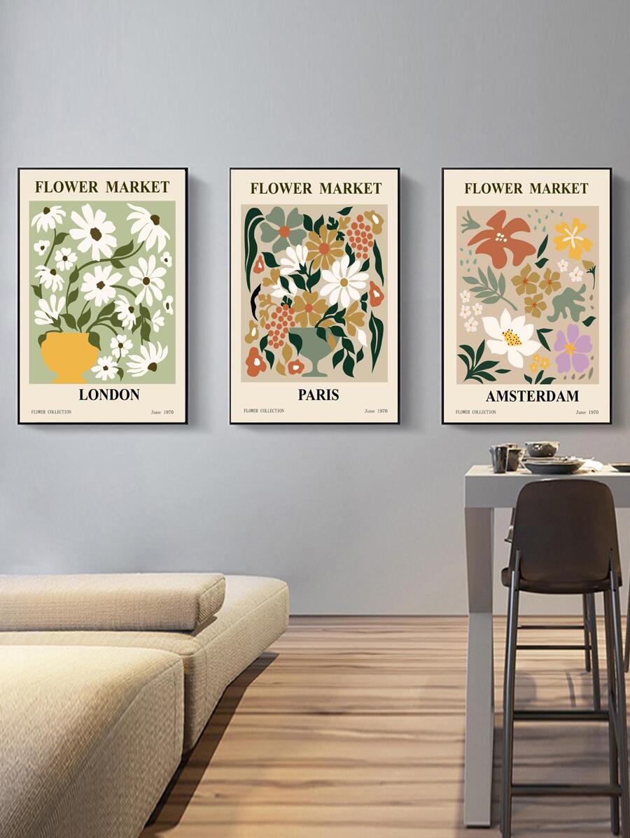 3pcs Floral Print Unframed Painting, Modern Colorful Wall Art Painting ...