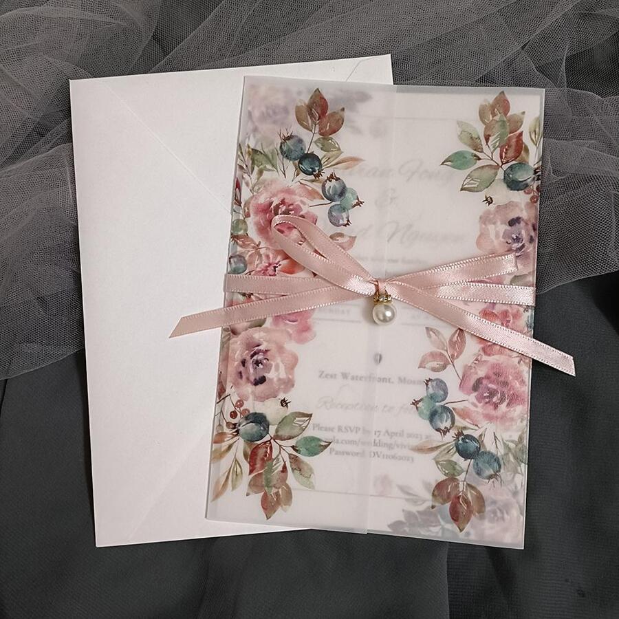 10Set Floral Vellum Wrap Wedding Invitation Card Set With Pearl ...