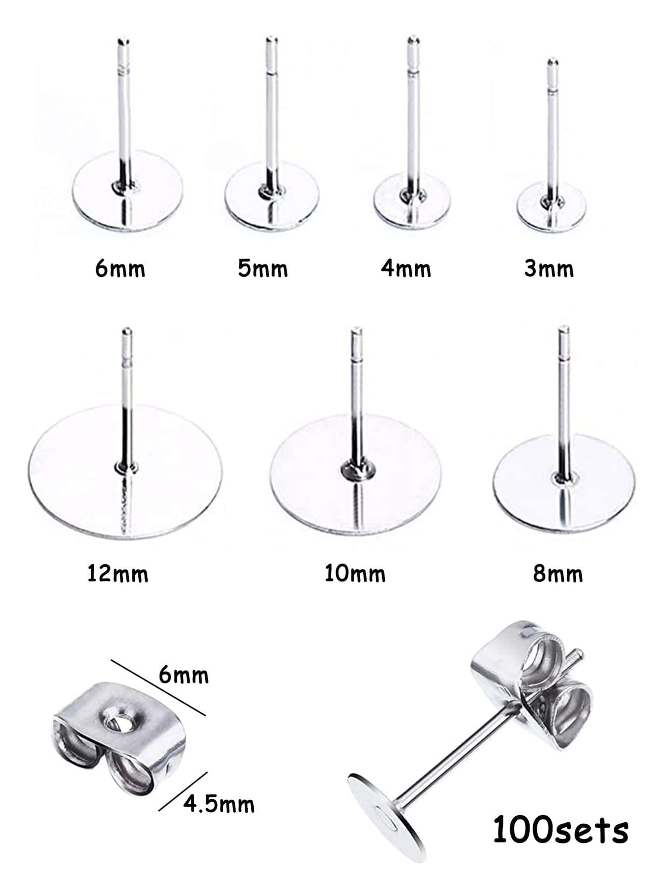 100 Sets/Pack Stainless Steel Flatback Ear Pin Set Flatback Ear Studs ...