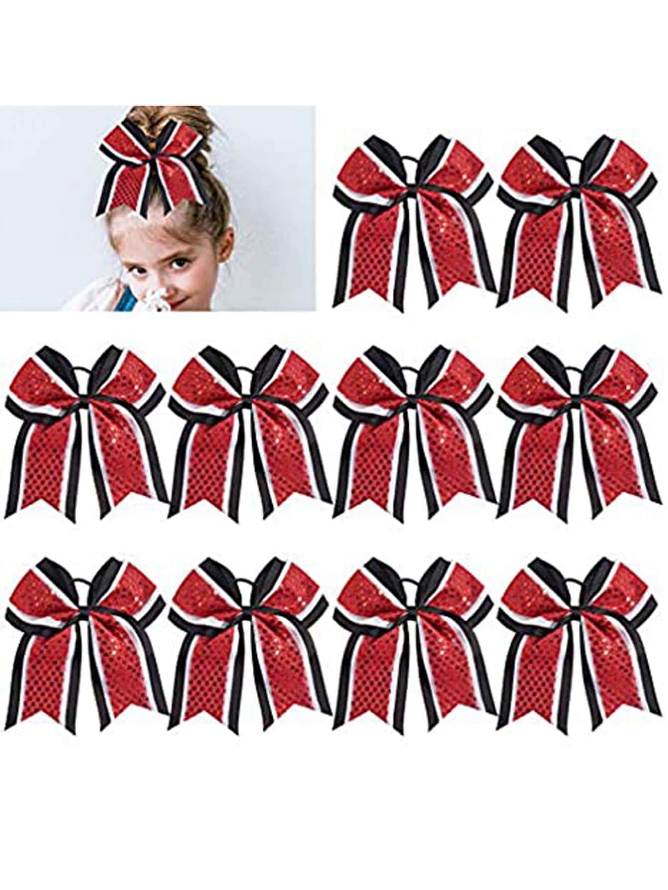 20 PCS 7" Large Glitter Cheer Bows Girls Red Black Ponytail Holders ...