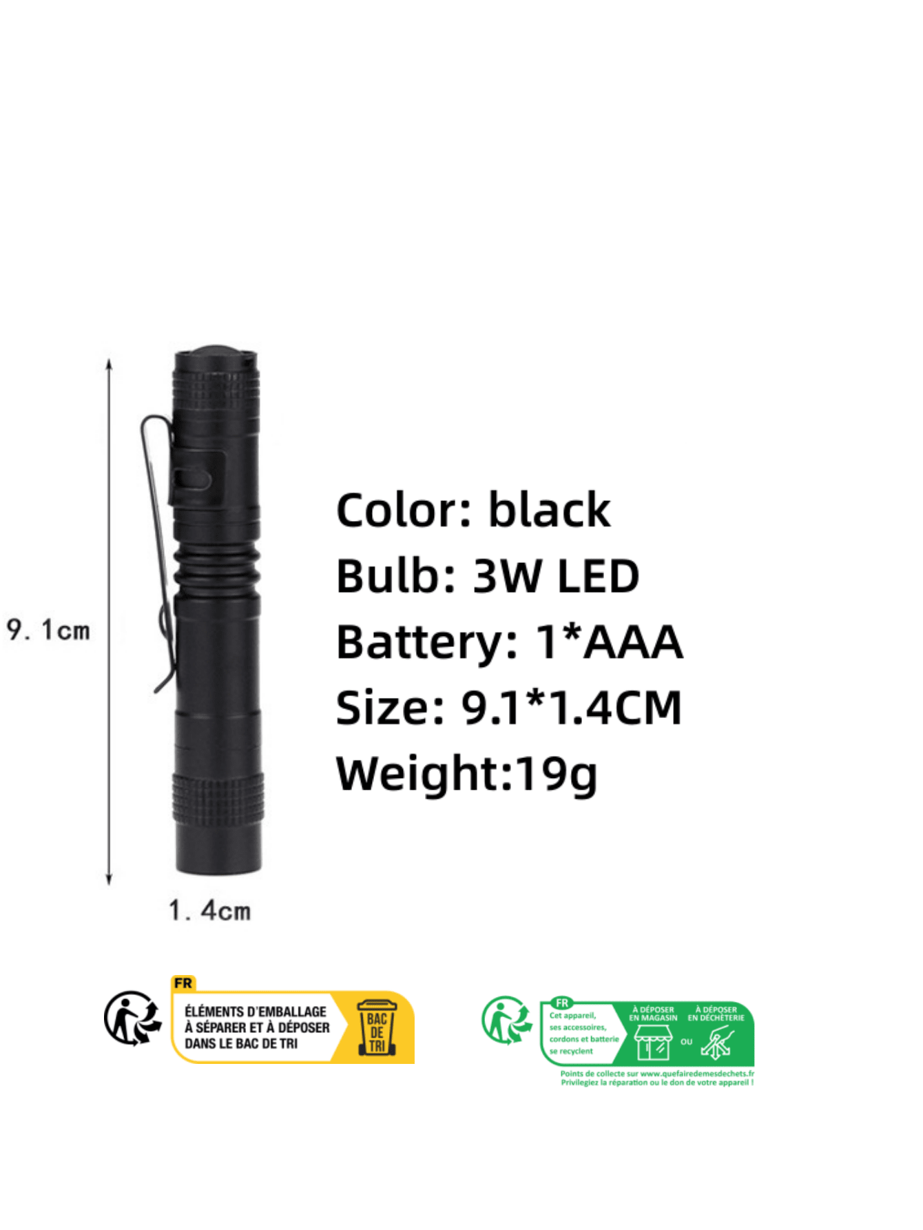 2 pcs EDC mini pen light with clip mini flashlight white light torch ...