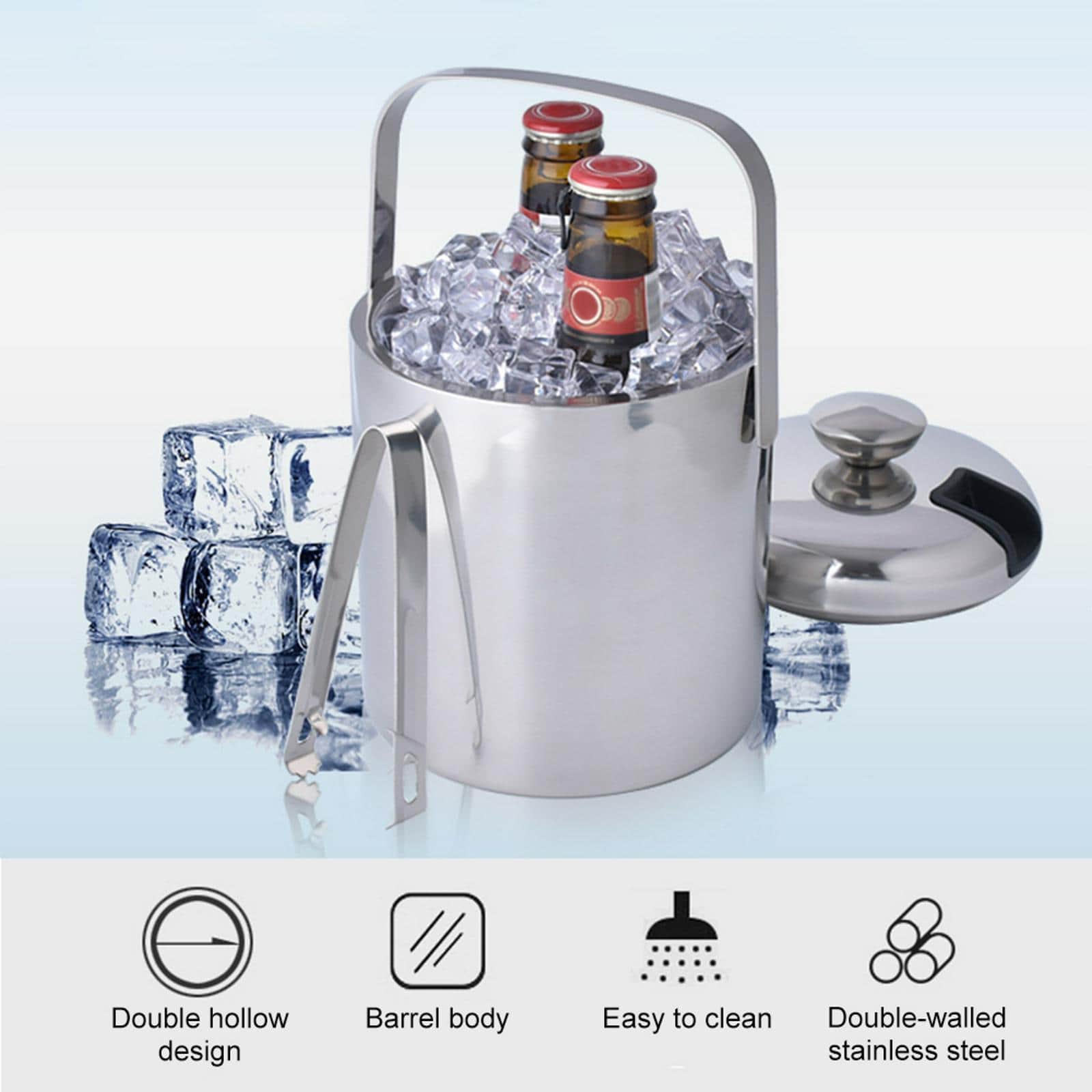 Ice Bucket With Tongs Lids Bar 1.3L Tool Double Walled Party Insulated ...