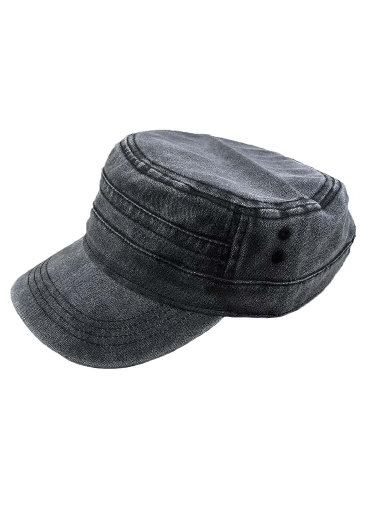 A Dark Grey Flat Top Washed Distressed Trucker Cap, Peaked Cap ...