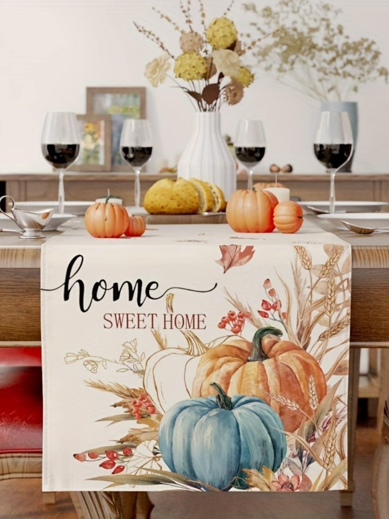 1pc Harvest Festival Decorative Table Runner With Pumpkin Wheat And ...