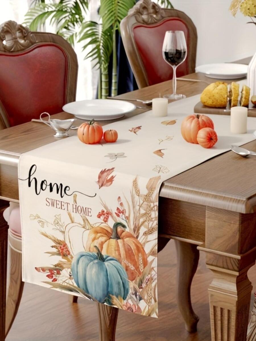 1pc Harvest Festival Decorative Table Runner With Pumpkin Wheat And ...