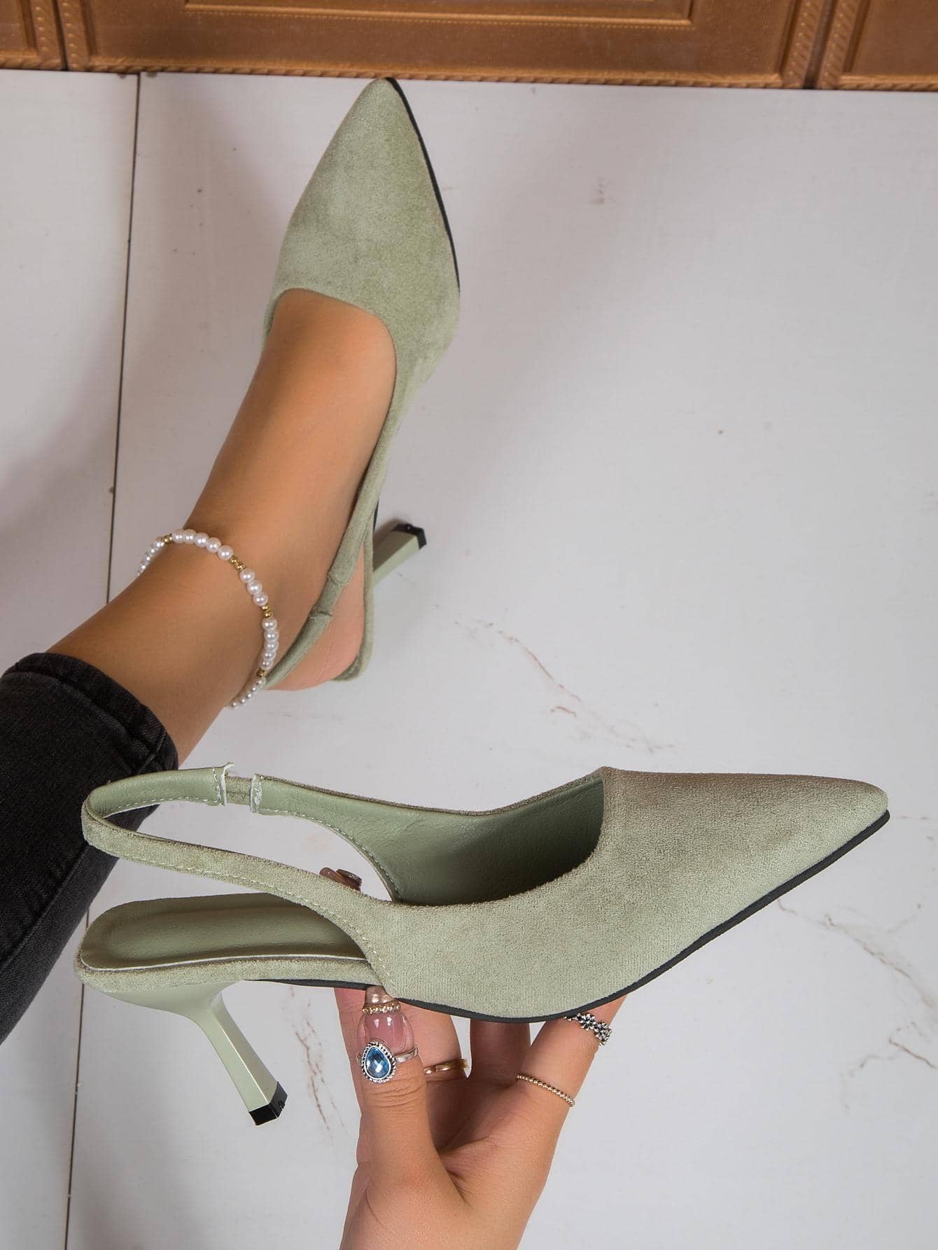 Green Pointed Toe Slingback High Heels, Slim Heels Adult Party Shoes ...