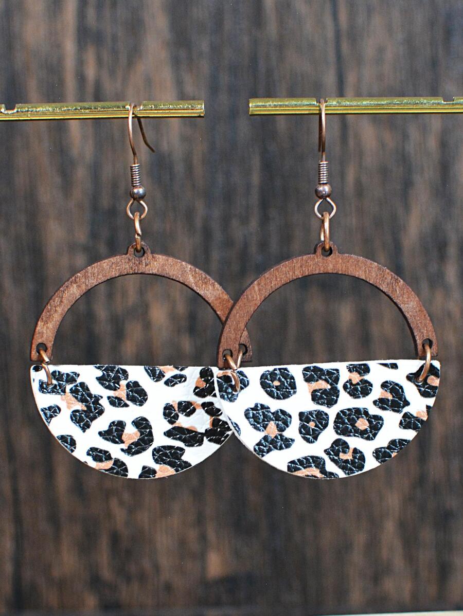 1 Pair Hollow Semi-Circle Wooden Leather Leopard Print Vintage Western ...