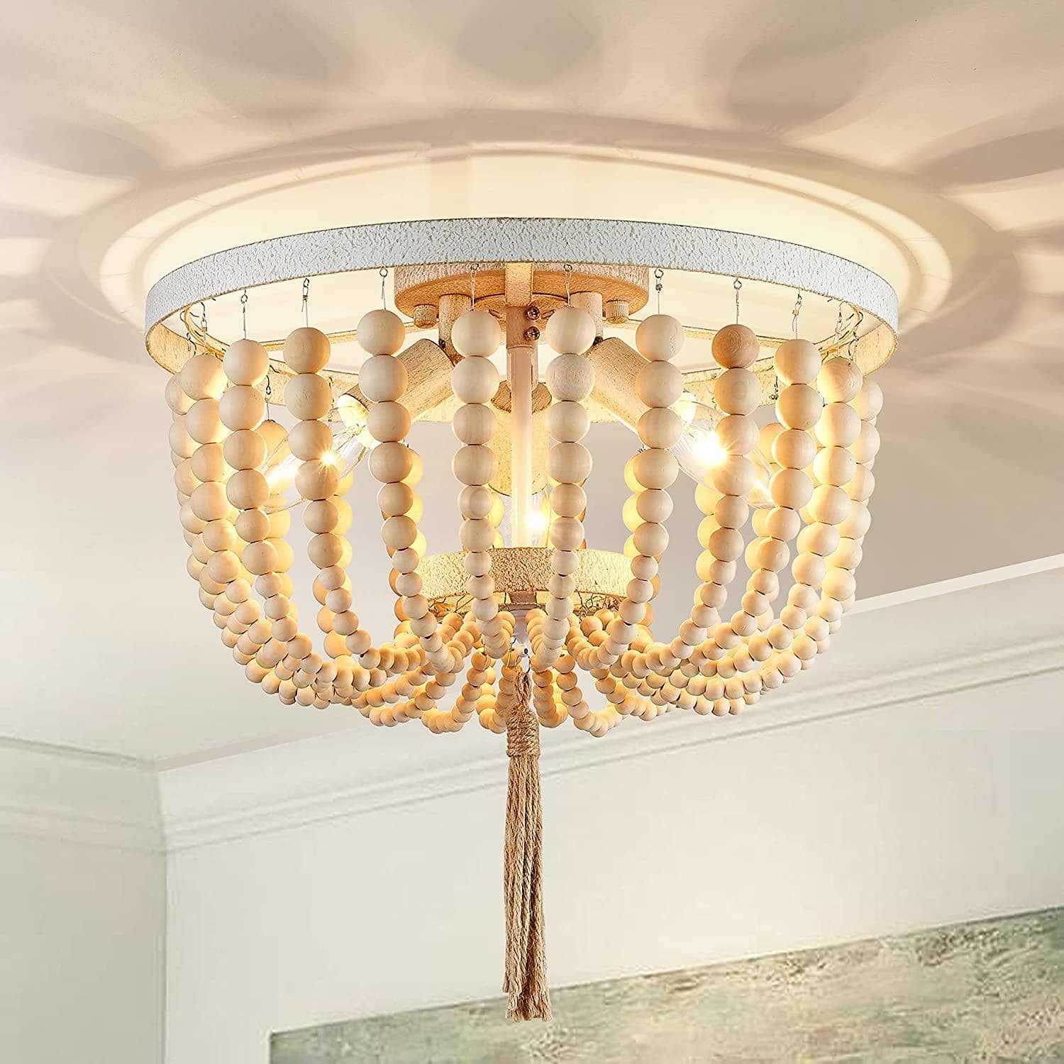AGV LIGHTING CL045WH Wood Bead Ceiling Light Fixture, Modern Flushmount ...