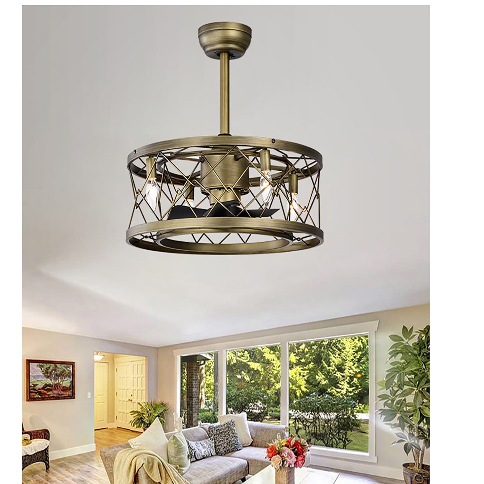 20'' Caged Ceiling Fan with Light, Enclosed Modern Revrersible ...