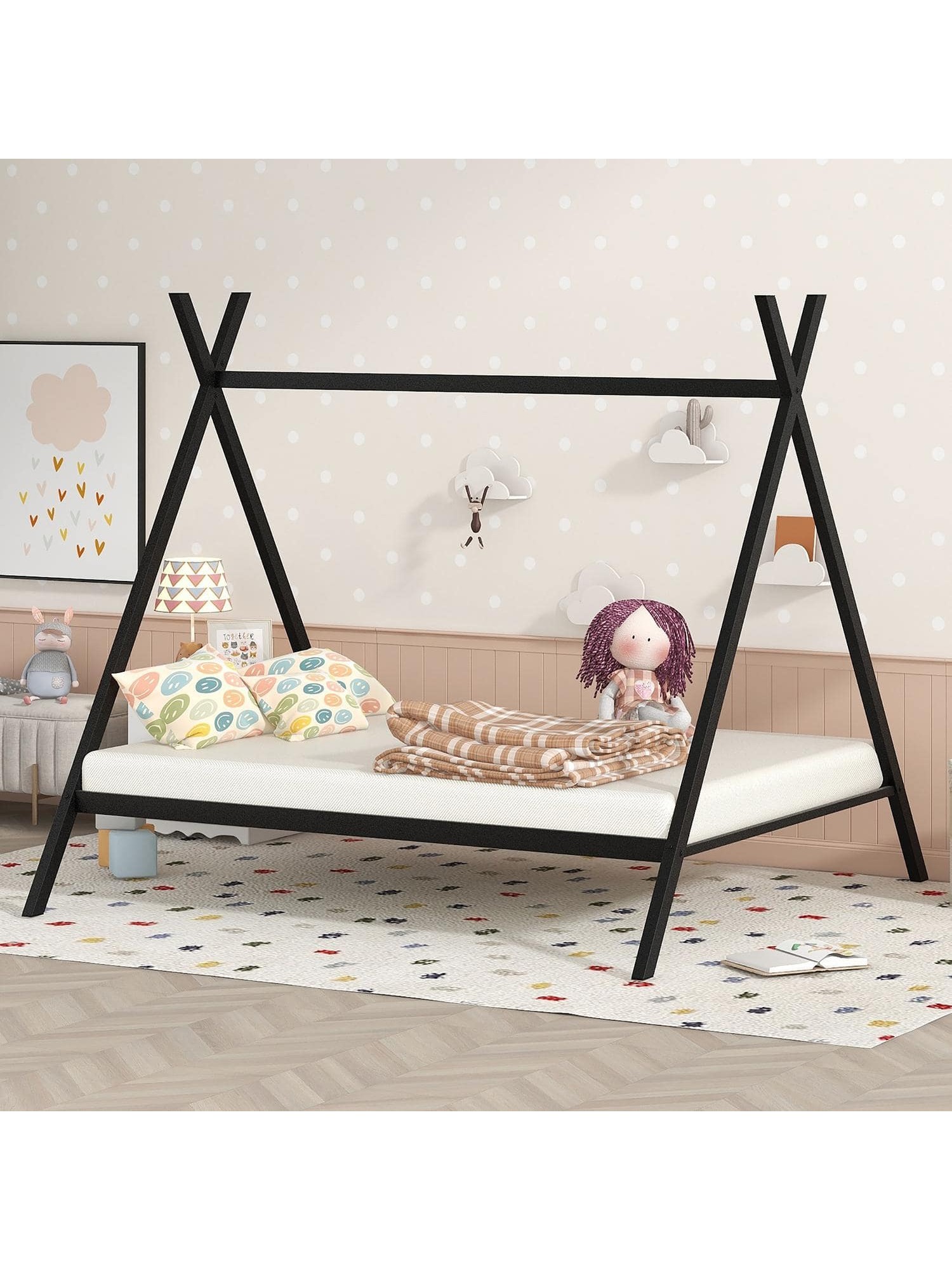 House Bed Tent Bed Frame Full Size Metal Floor Play House Bed with Slat ...