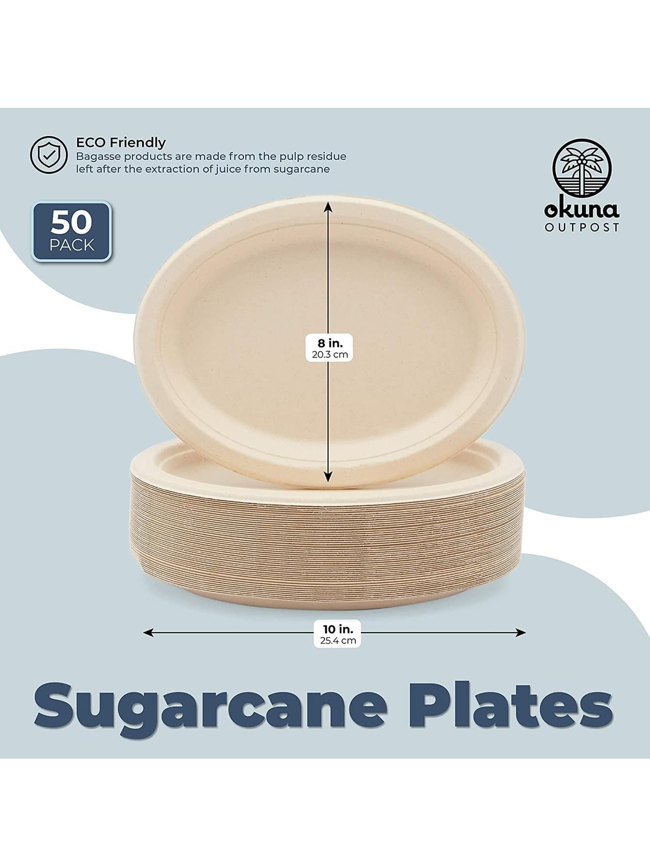 Sugarcane Bagasse Plates, Disposable Dinnerware (10 x 8 Inches, 50 Pack ...