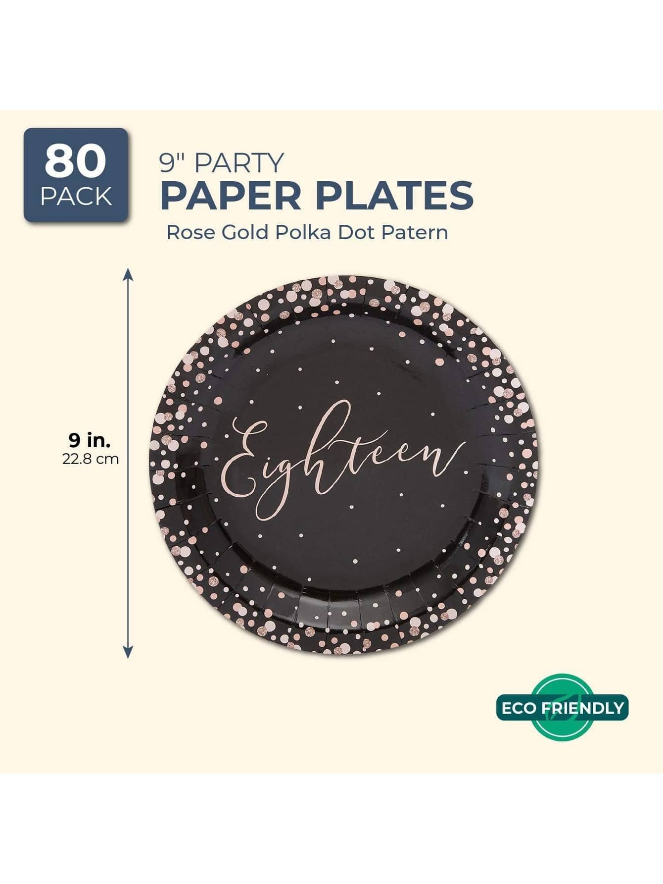 18th Birthday Party Paper Plates with Rose Gold Foil Polka Dots (9 in ...