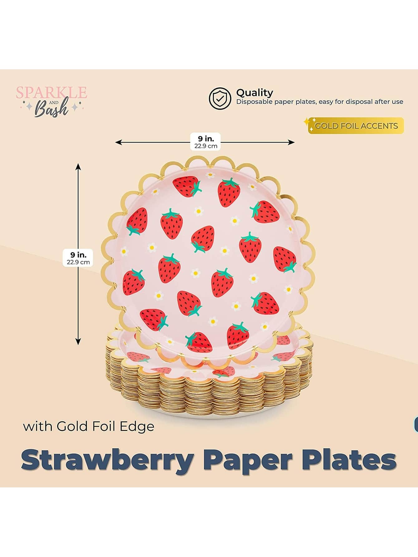Pink Paper Plates with Gold Foil for Strawberry Birthday Party (9 In ...