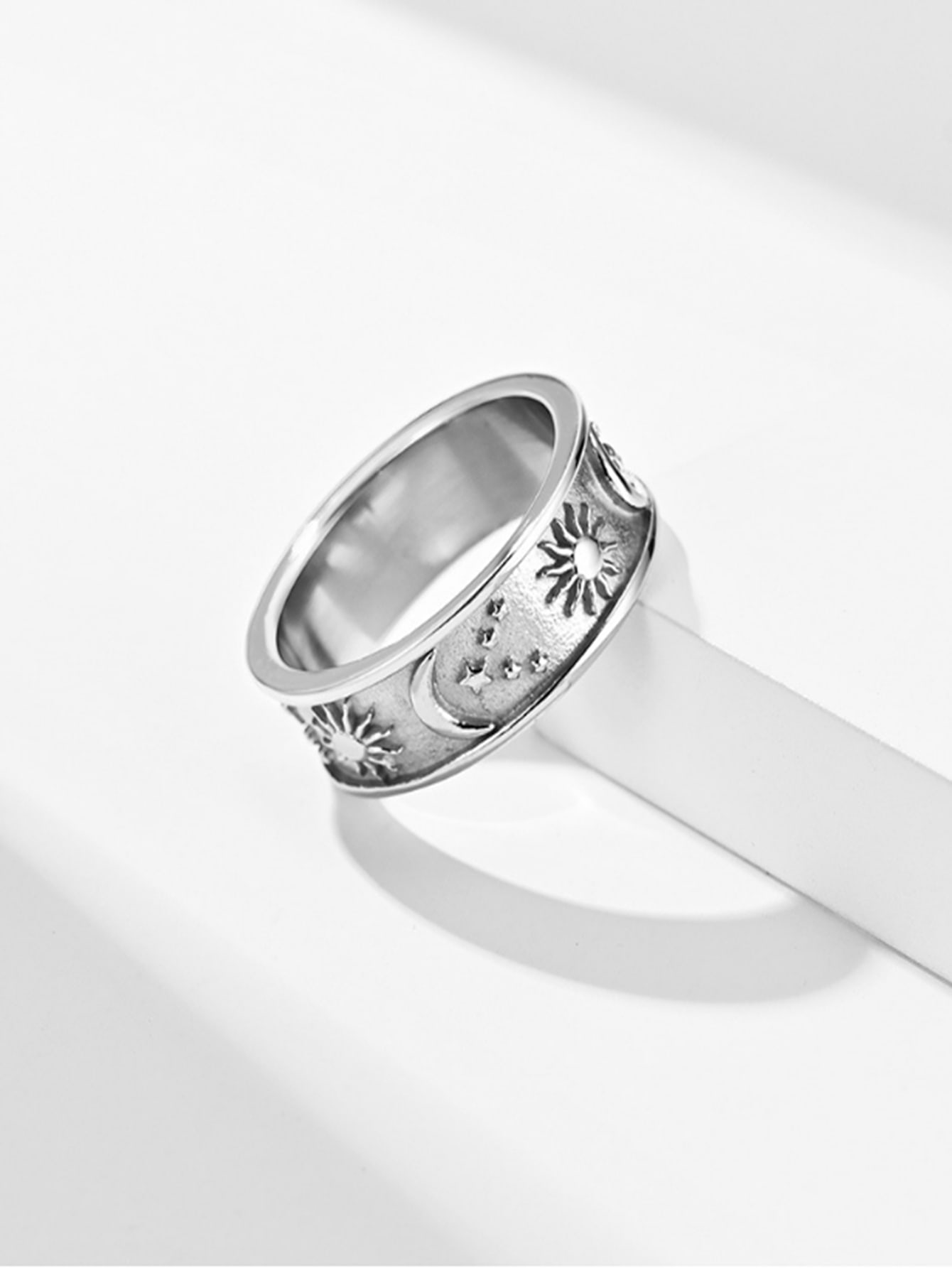 Sun & Moon Detail Ring Titanium Steel Silver | SHEIN USA