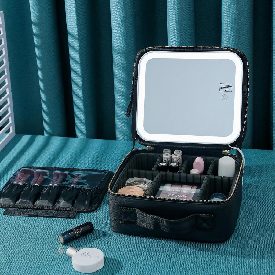 Jadazror Travel Makeup Bag With Large LED Lighted Mirror, Makeup Case ...