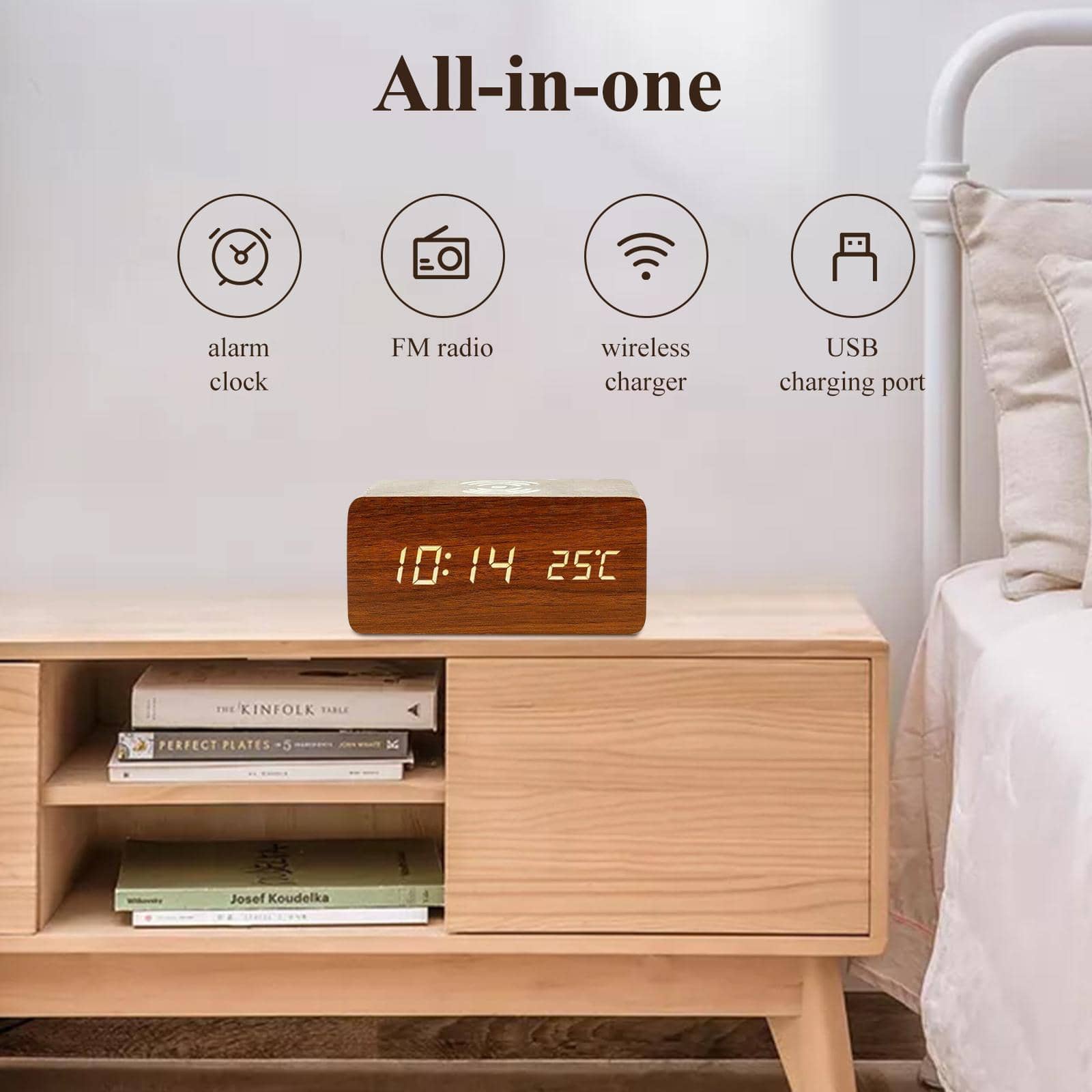 Wooden Digital Alarm Clock 3 Alarms Led Display Wireless Charging ...