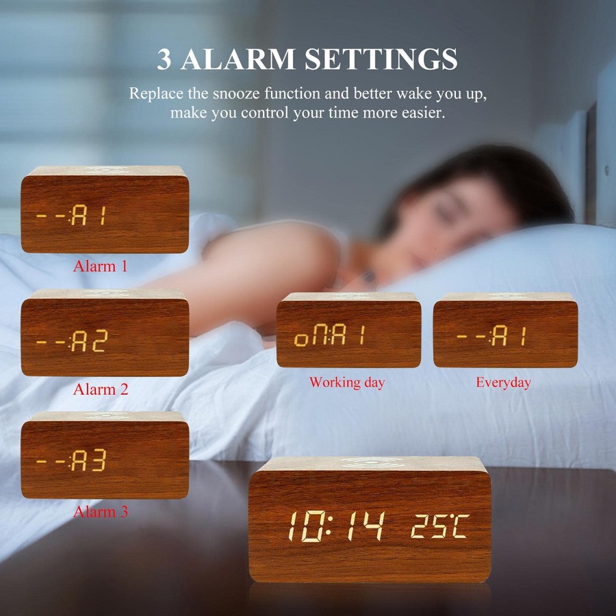 Wooden Digital Alarm Clock 3 Alarms Led Display Wireless Charging ...