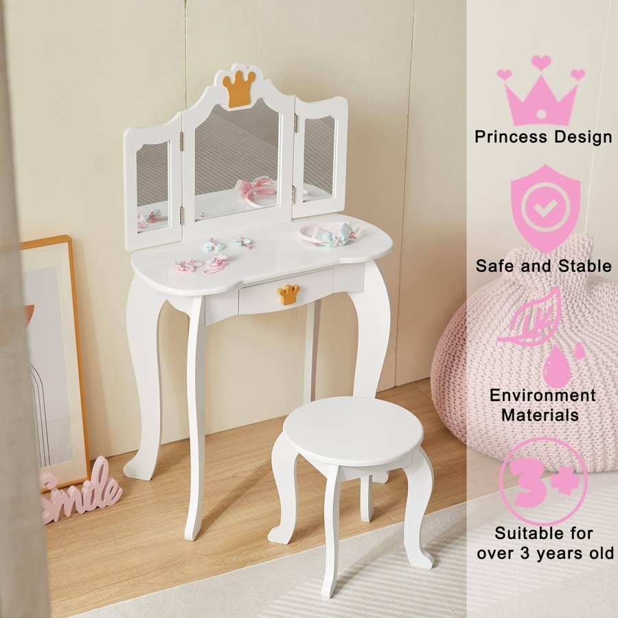 Kids Vanity Table and Chair Set, Princess Makeup Vanity with Detachable ...
