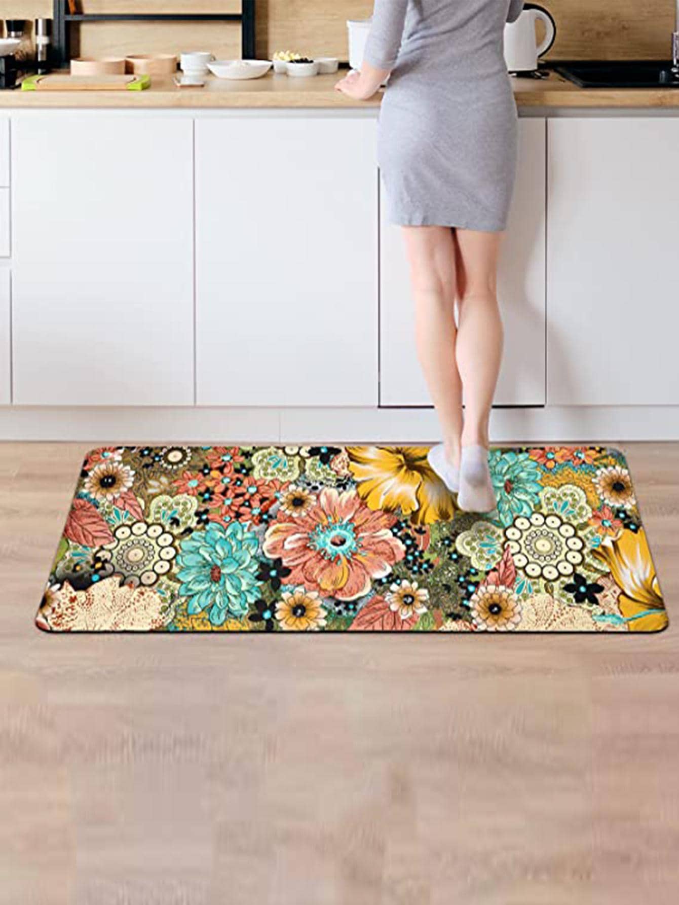 1pc Floral Print Kitchen Rug, Modern Polyester Anti-slip Kitchen Rug ...