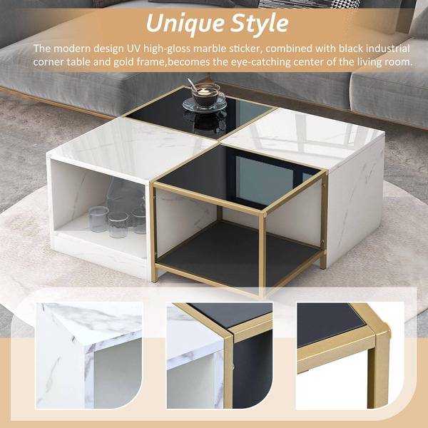2-layer Modern Coffee Table with Metal Frame, Cocktail Table with High ...