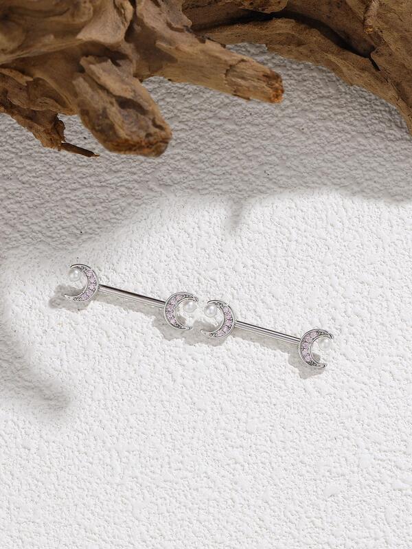 2pcs/set Funky Stainless Steel Rhinestone Moon & Faux Pearl Decor ...