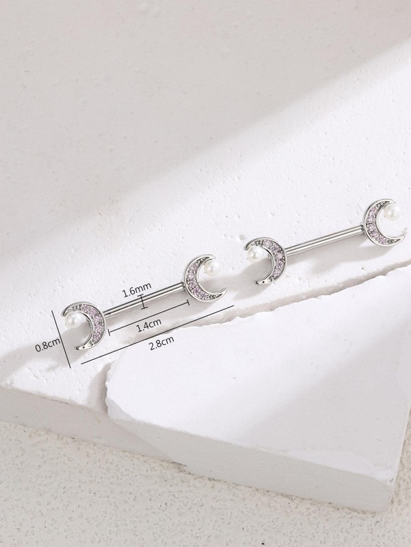 2pcs/set Funky Stainless Steel Rhinestone Moon & Faux Pearl Decor ...
