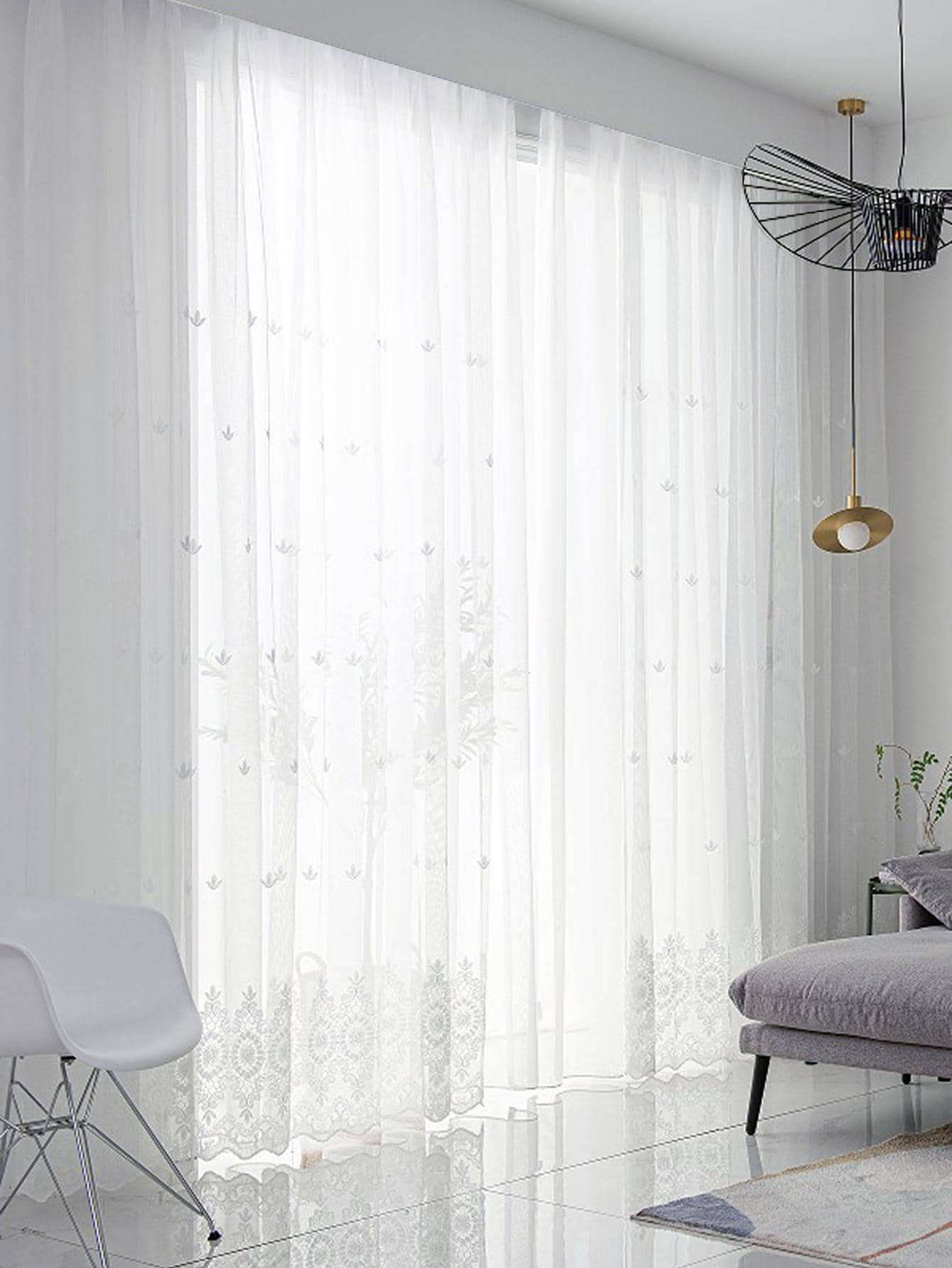 1pc White Geometric Pattern Sheer Curtain, Elegant Flower Embroidered ...