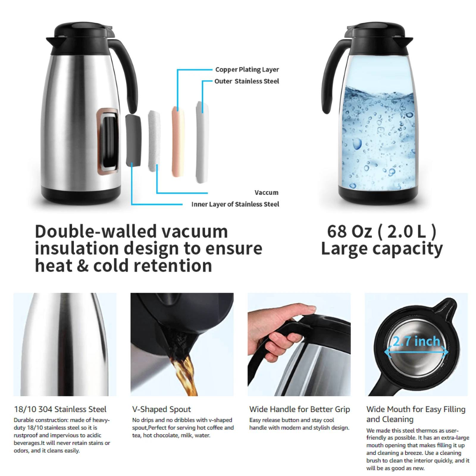68oz Thermal Coffee Carafe With Handle Double Walled Vacuum Insulated ...