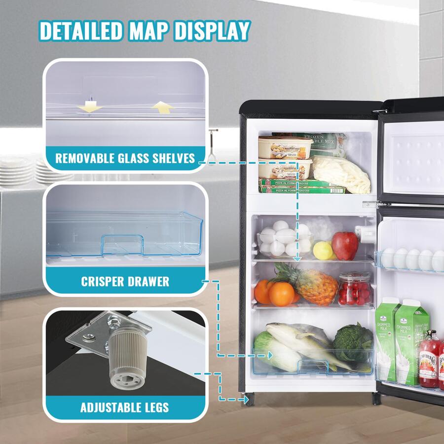 WANAI Mini Refrigerator With Freezer 3.2 Cu.Ft Retro Dual Door Mini ...