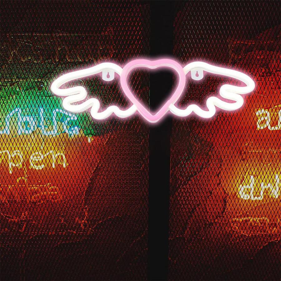 1pc Plastic Neon Light, Creative Heart & Wing Shaped LED Neon Sign For ...