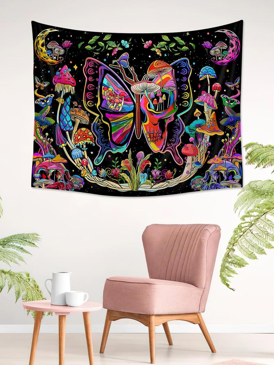 1pc Mushroom & Butterfly Print Tapestry, Modern Fabric Tapestry Poster ...