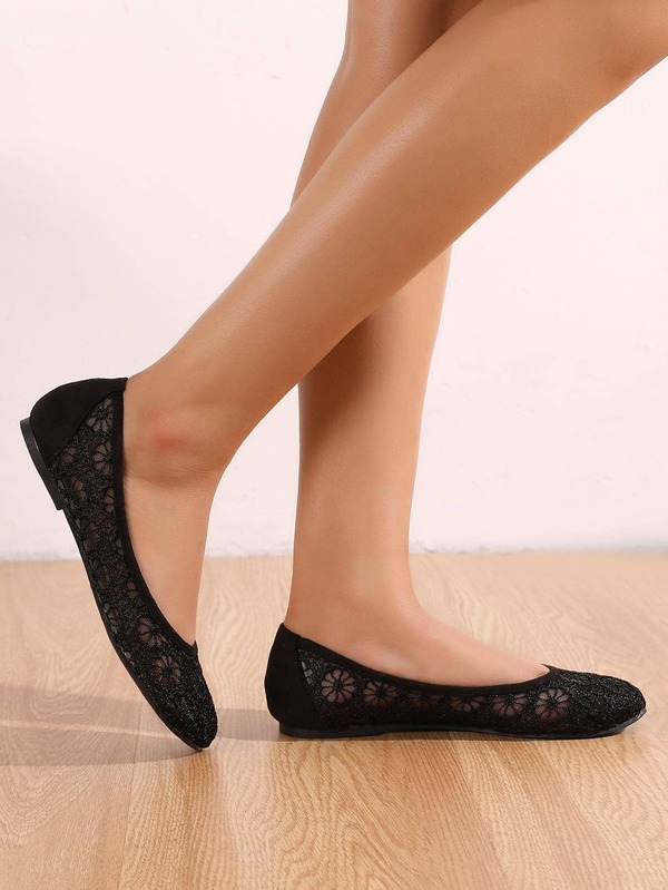 Women Floral Lace Ballet Flats, Elegant Black Fabric Flats | SHEIN USA