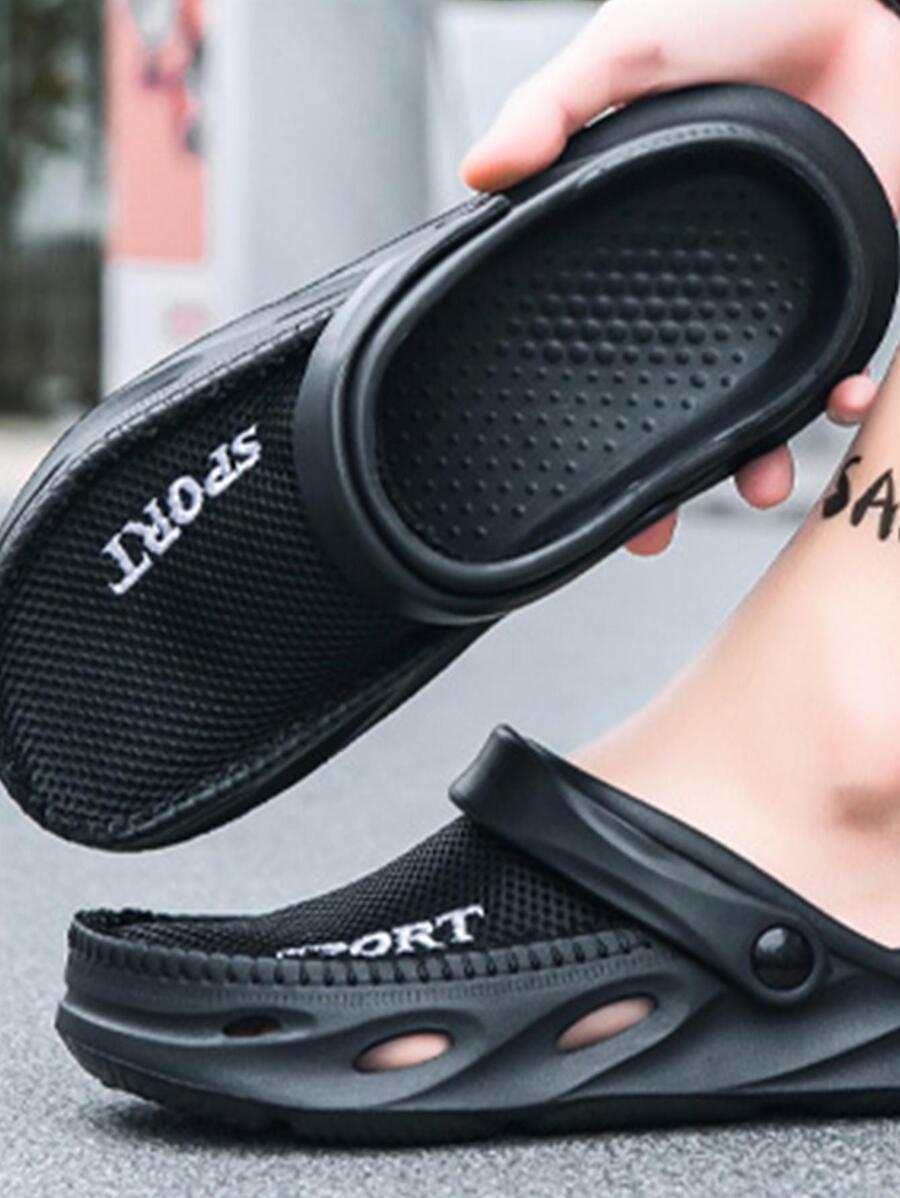Men Letter Embroidered Hollow Out Clogs, Fashionable Black Mesh Vented ...