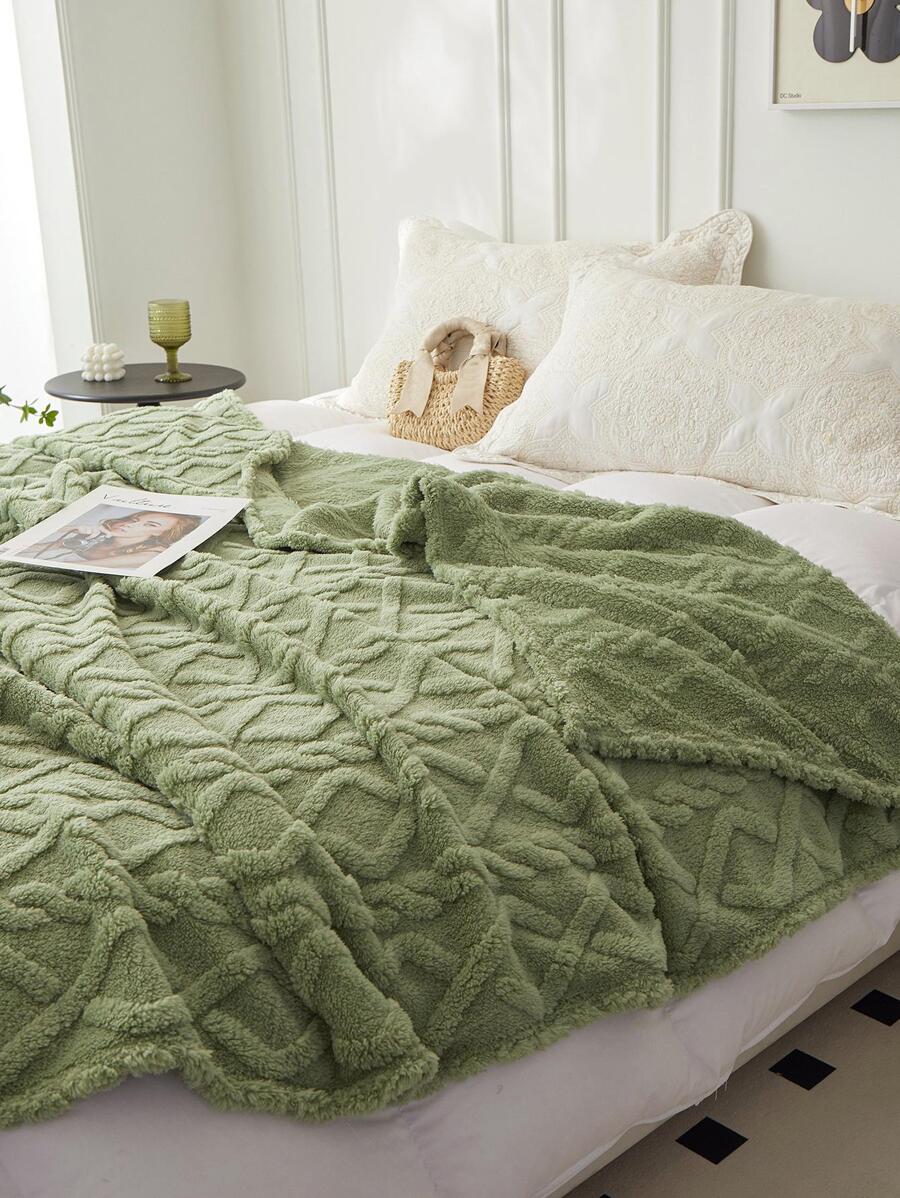 1pc Geometric Tufted Blanket, Simple Plain Color Jacquard Design ...