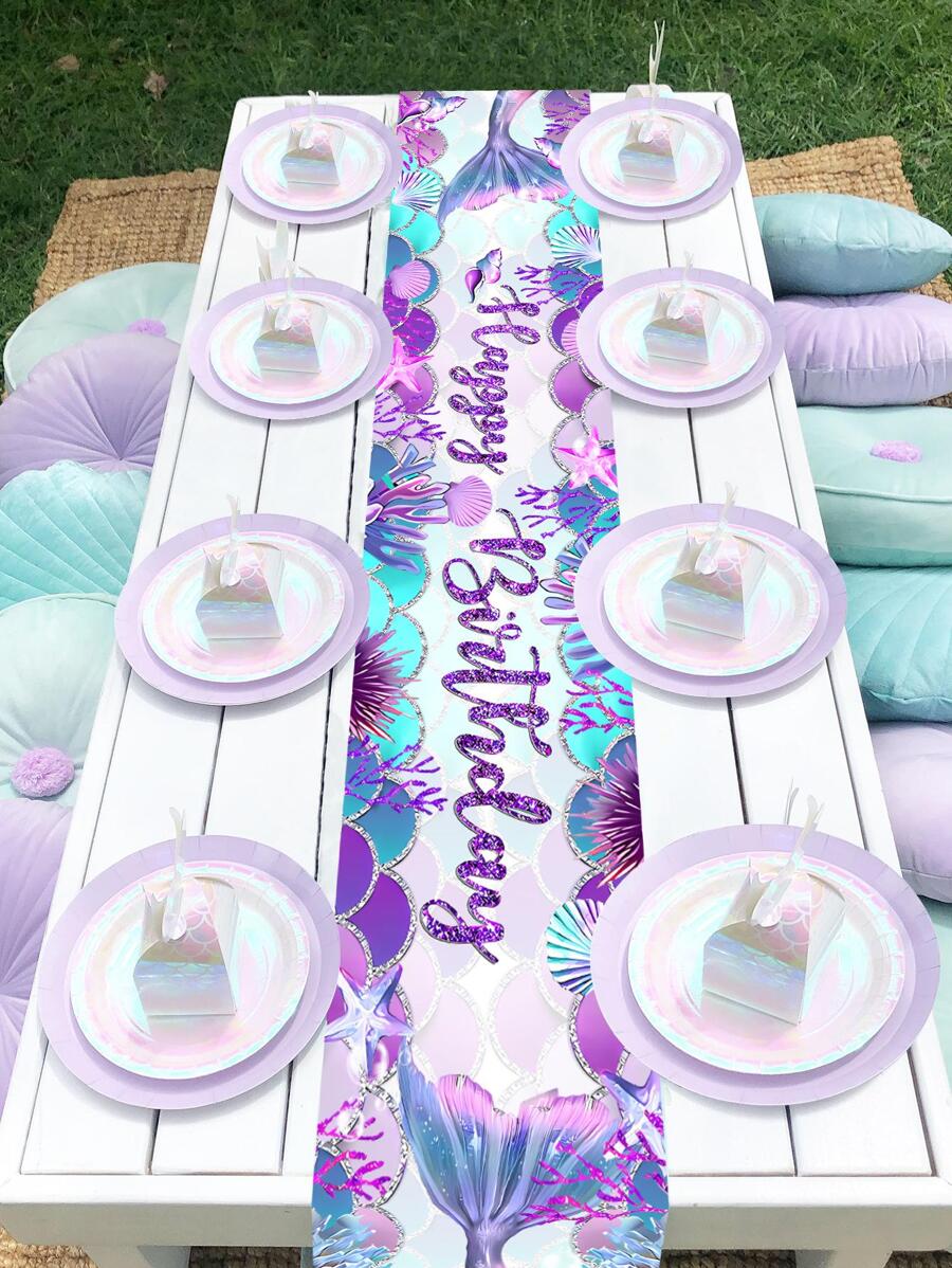 1pc Polyester Purple Mermaid Style Birthday Table Runner Tablecloth ...
