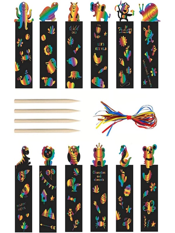 1 Set 12pcs Kids Scratch Art Bookmarks In Magical Rainbow Making Kit ...