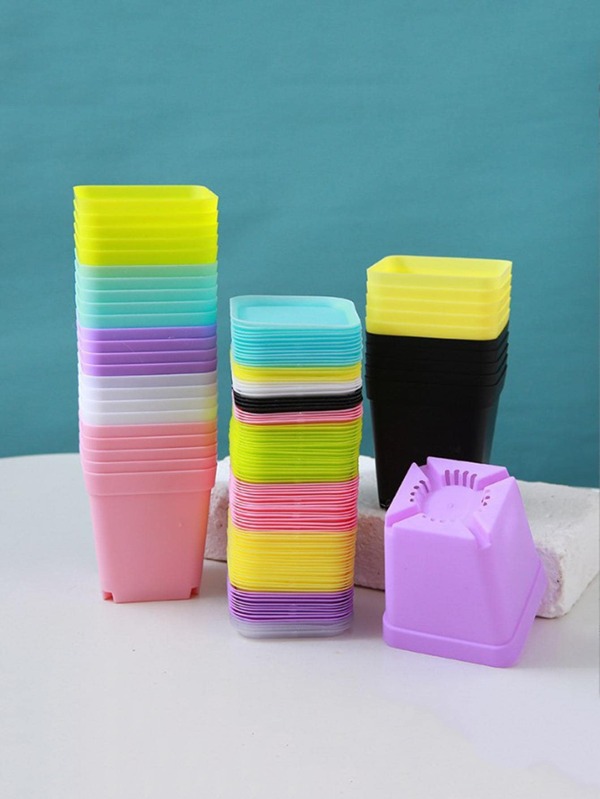 10pcs Mixed Color Plant Pot With Tray, Simple Plastic Plain Color ...