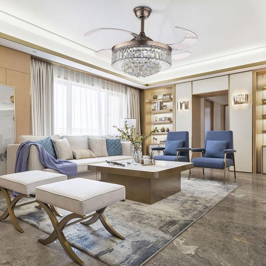 Modern Dimmable Fandelier Crystal Ceiling Fan With Lights And Remote ...