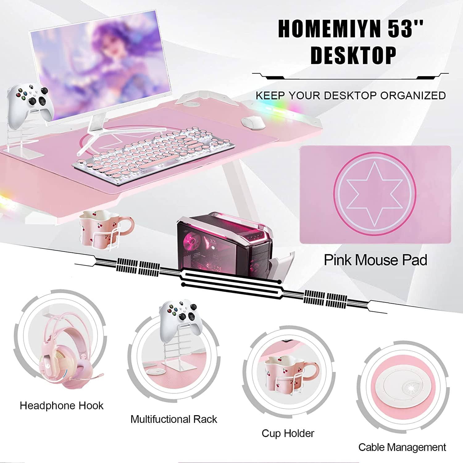 55 Inch Pink Gaming Desk, Gaming Computer Desk with RGB LED Light ...