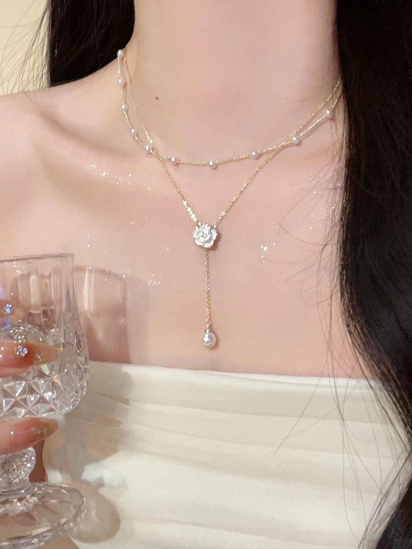 Flower & Faux Pearl Decor Y Lariat Necklace | SHEIN USA