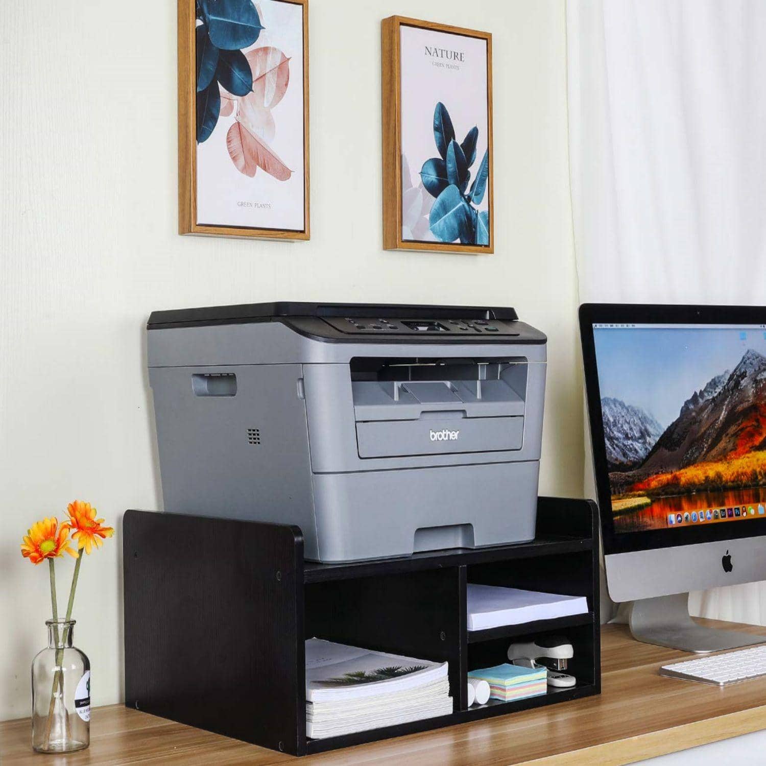 Printer Stand Computer Riser with Storage Wood Desk Organizer for Home ...