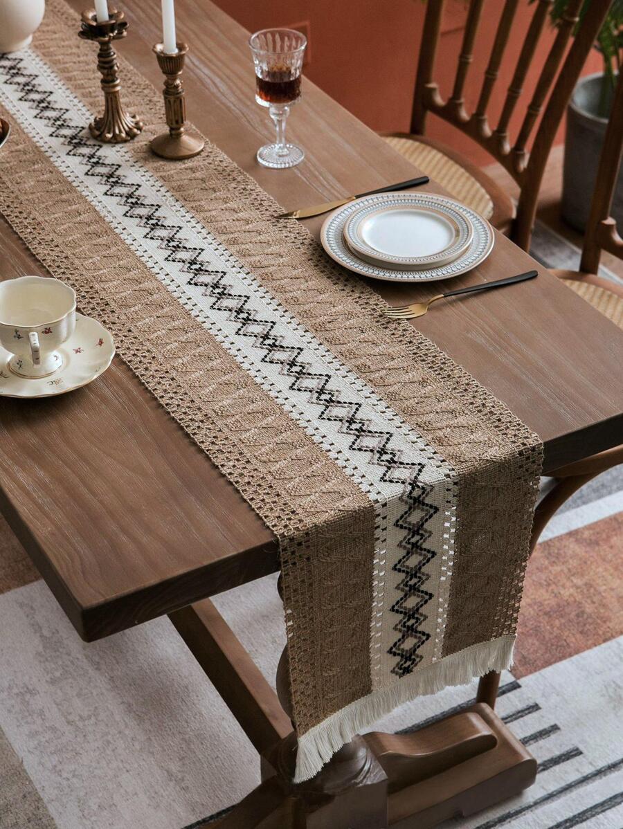 1pc Geometric Pattern Fringe Trim Table Runner | SHEIN USA
