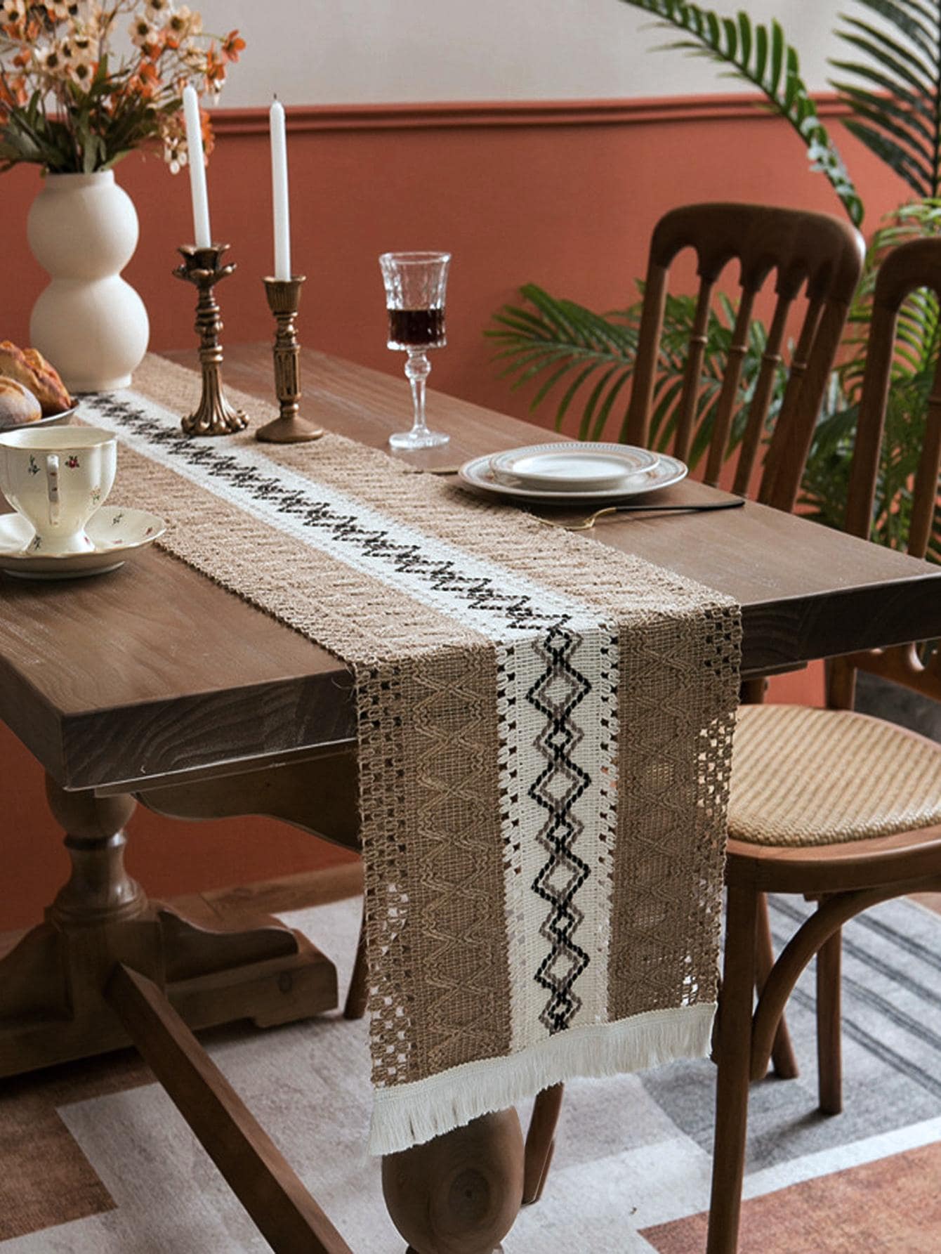 1pc Geometric Pattern Fringe Trim Table Runner | SHEIN USA