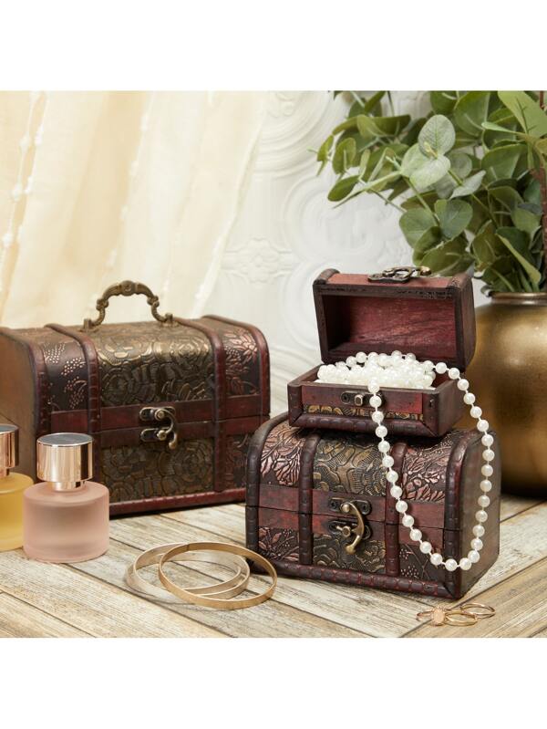 Set of 3 Small Wooden Treasure Chest Boxes with Flower Motif ...